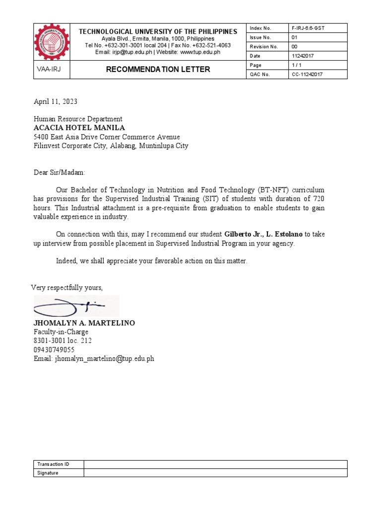 Recommendation Letter - Btnft- Acacia | PDF