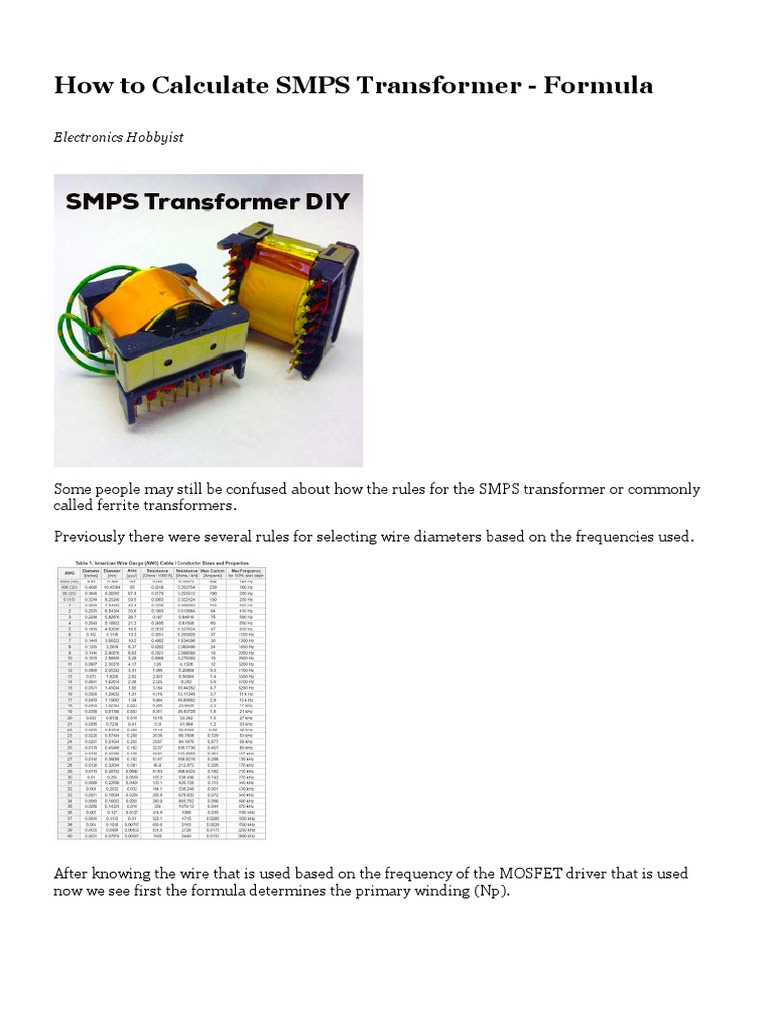 How To Calculate SMPS Transformer - Formula - Electronic Circuit | PDF | Transformer ...