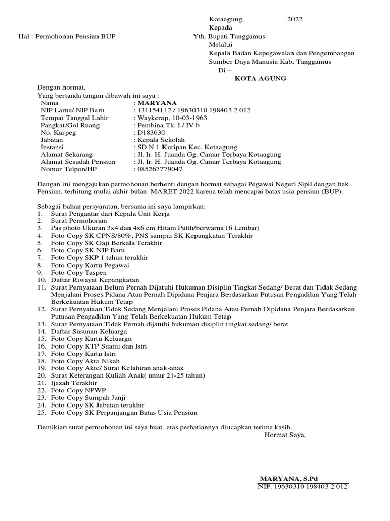 Permohonan Pensiunan BUP MARYANA | PDF