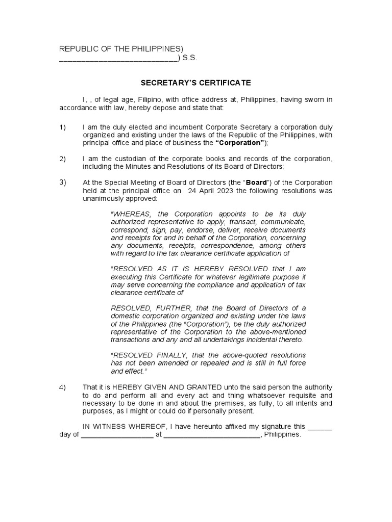 Secretary's Certificate FPUA Tax Clearance Authorization | PDF | Legal Documents | Governance