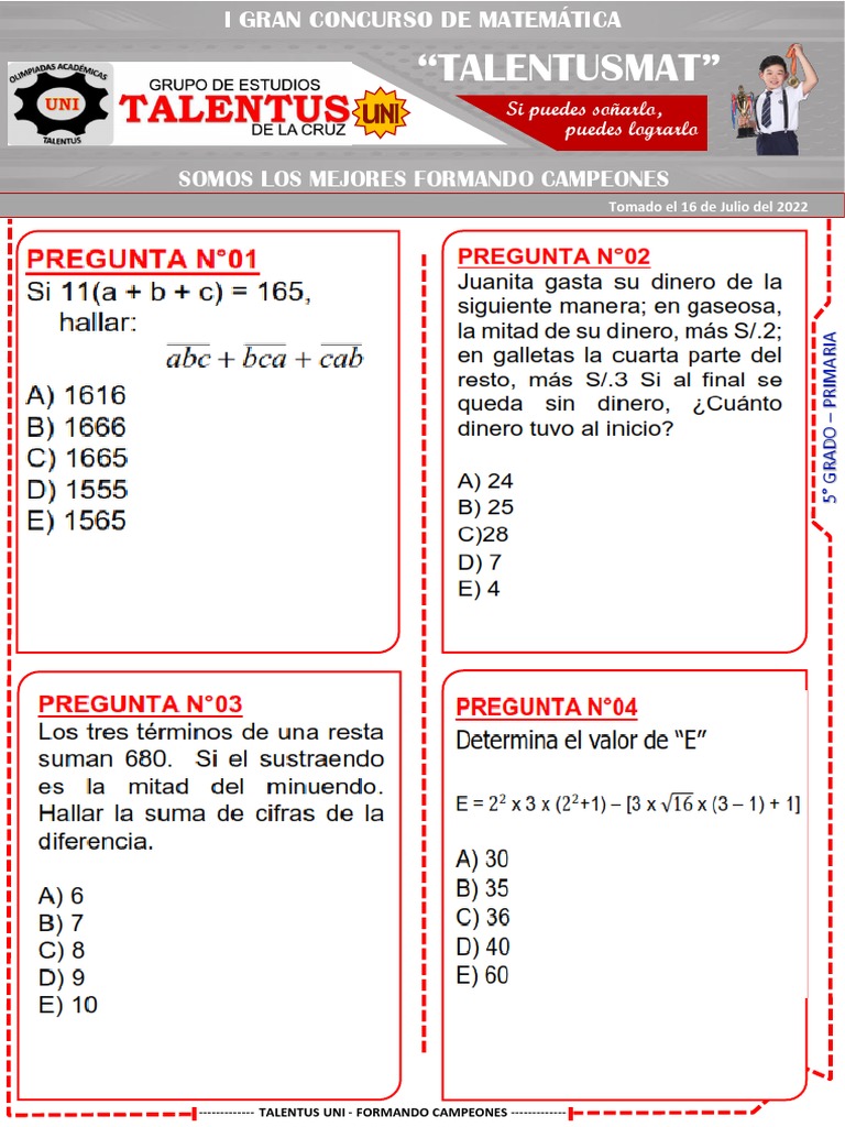 5to de Primaria I Gran Concurso de Matemática - Talentus Uni | PDF