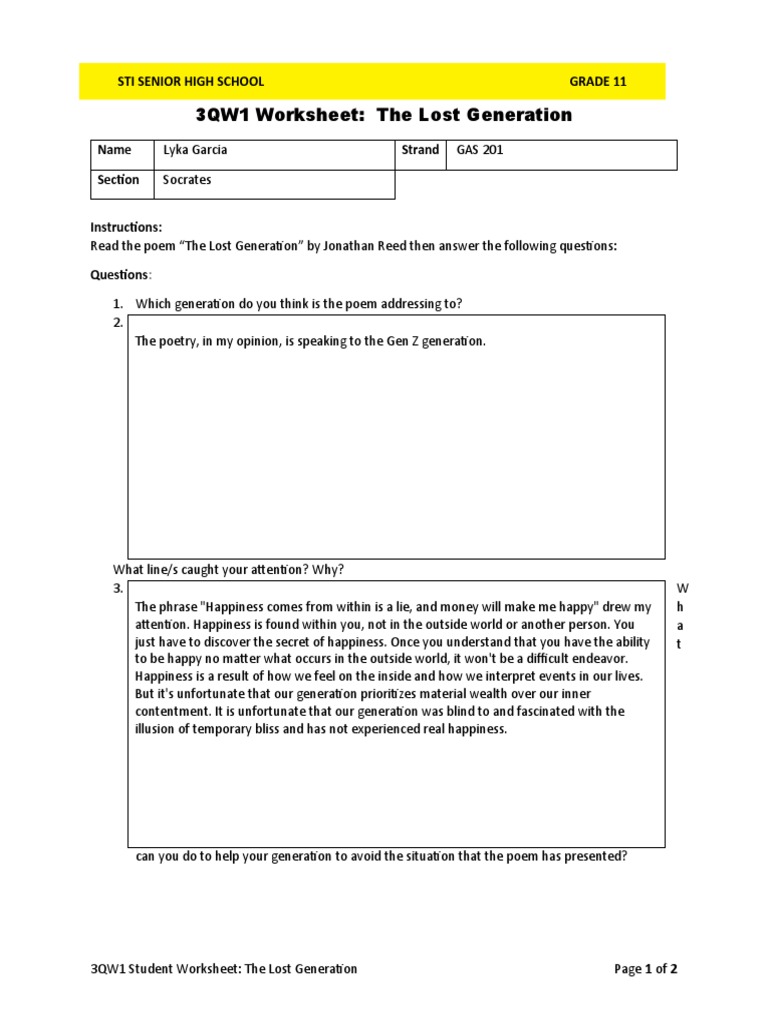 3QW1 Worksheet: The Lost Generation | PDF