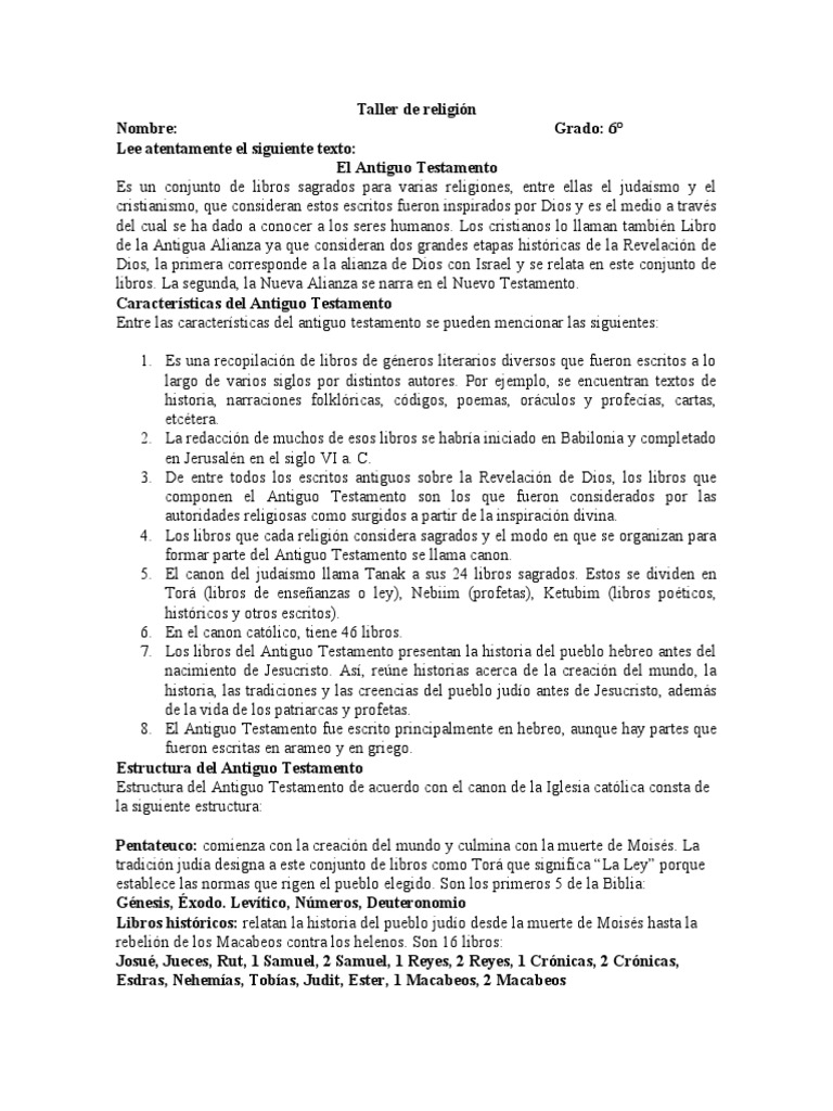 Taller de Religión Antiguo Testamento | PDF | Viejo Testamento | Biblia ...