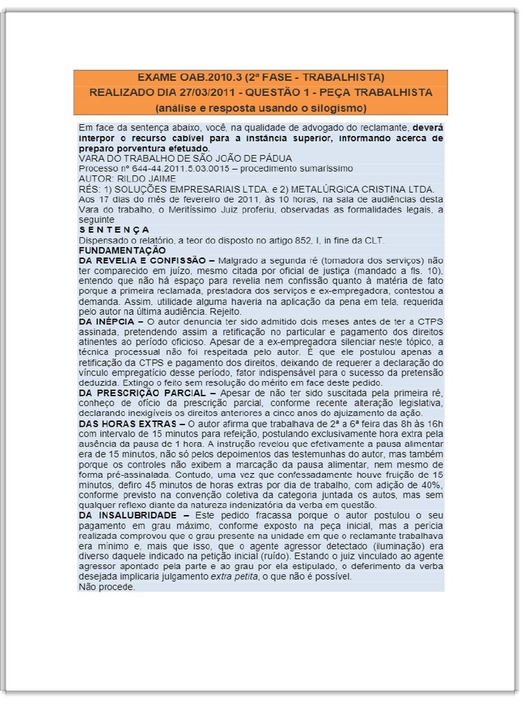 Exame Oab (2 Fase - Trabalhista) Realizado Dia 27 - 03 - Questão 1 ... Exame Oab (2 Fase - Trabalhista) Realizado Dia 27 - 03 - Questão 1 ...