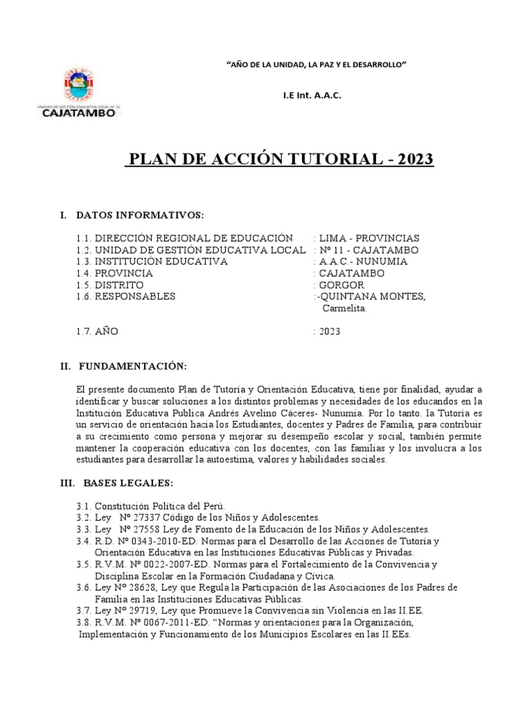 PLAN DE ACCION TUTORIAL 2023 Final - Carmelta | PDF | Maestros | Salón de clases