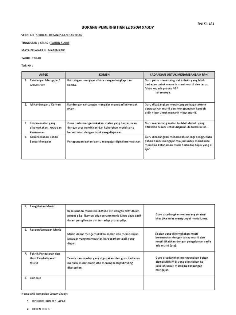 Borang Pemerhatian Lesson Study | PDF | Karier & Perkembangan | Kesehatan Holistik