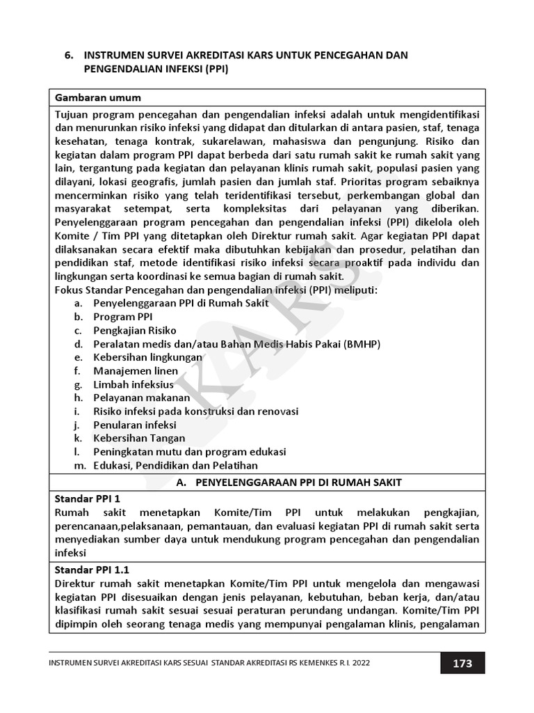 Instrumen Survei Akreditasi Kars Untuk Pencegahan Dan Pengendalian Infeksi (Ppi) Gambaran Umum | PDF
