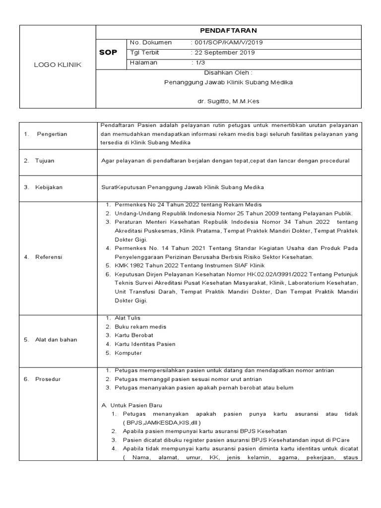 Contoh Sop Pendaftaran Klinik | PDF