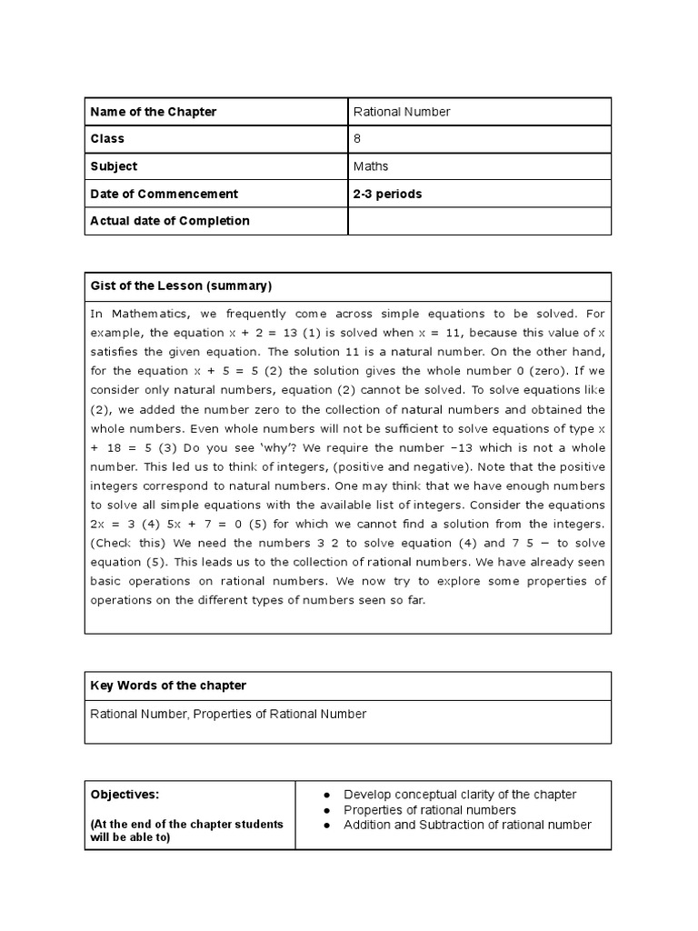 Lesson Plan Rational Number | PDF | Equations | Integer