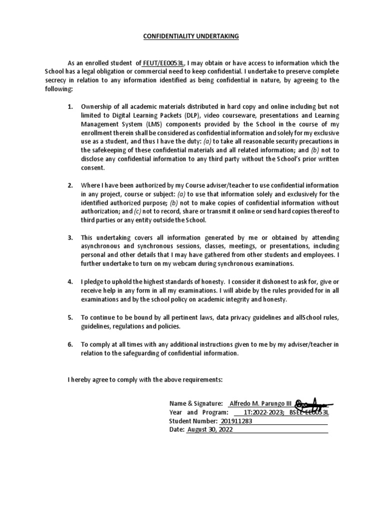 Confidentiality Undertaking Student Ee0053l | PDF | Confidentiality ...