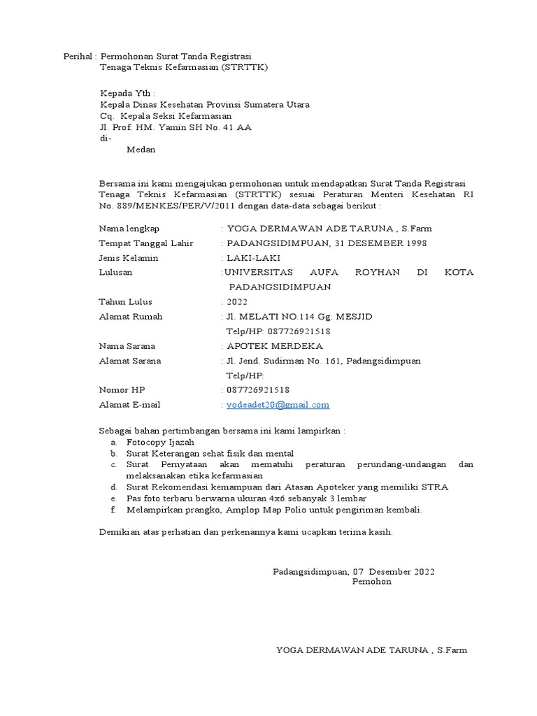 Surat Pengajuan STRTTK Yoga | PDF | Kesehatan Holistik