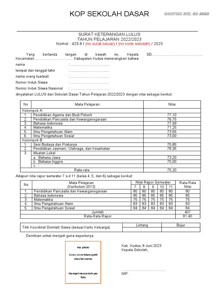 Format SKL SD 2023 - Dengan Koordinat Domisili | PDF