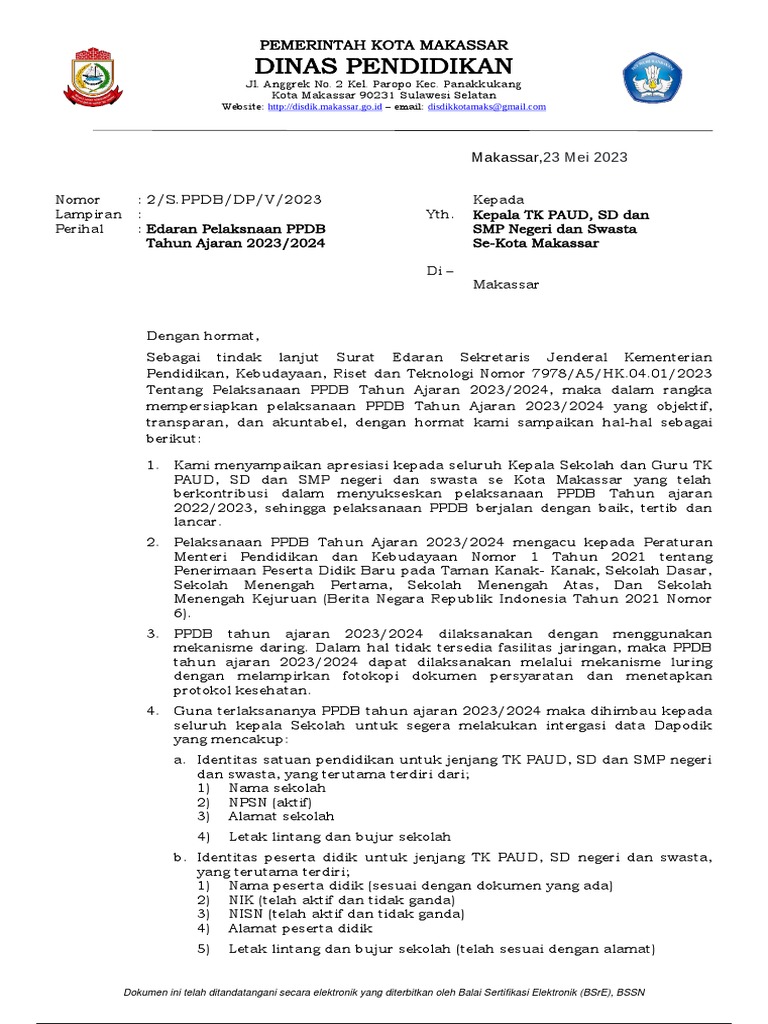 Edaran Pelaksanaan PPDB Tahun Pelajaran 2023-2024 | PDF