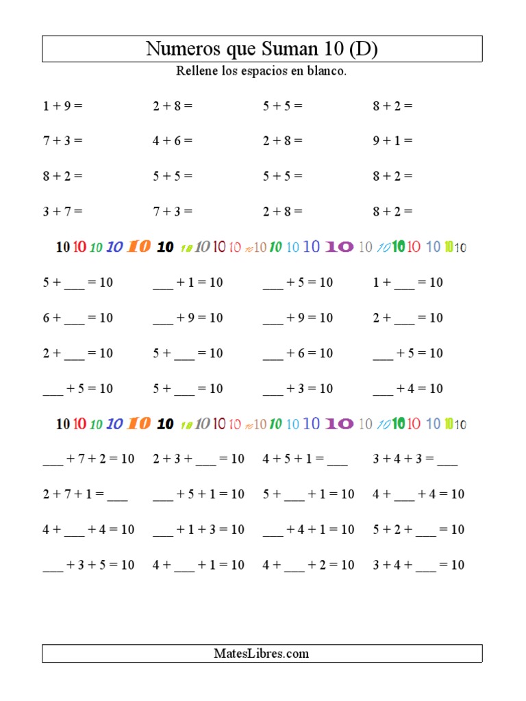 Adicion 1 Digito Numeros Suman 10 004qp.1450620965 | PDF