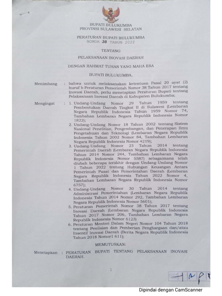 Perbub No.38 Tahun 2022 Pelaksanaan Inovasi Daerah | PDF
