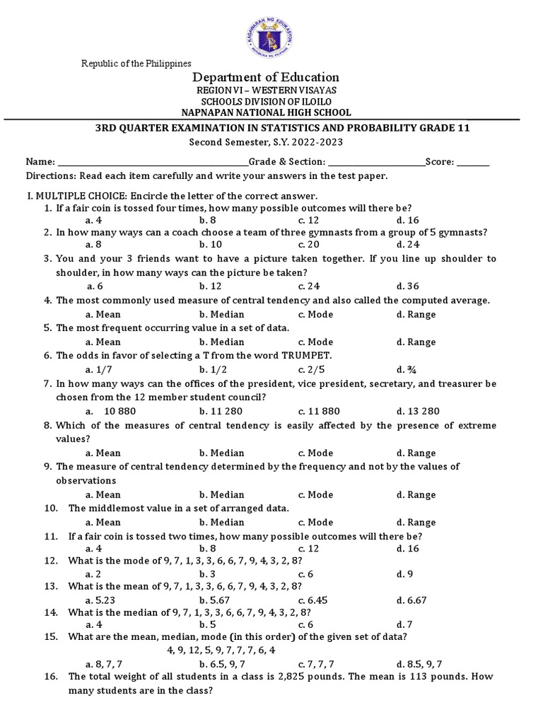 GRADE 11 Stat&Prob 3rd QTR | PDF | Mode (Statistics) | Mean