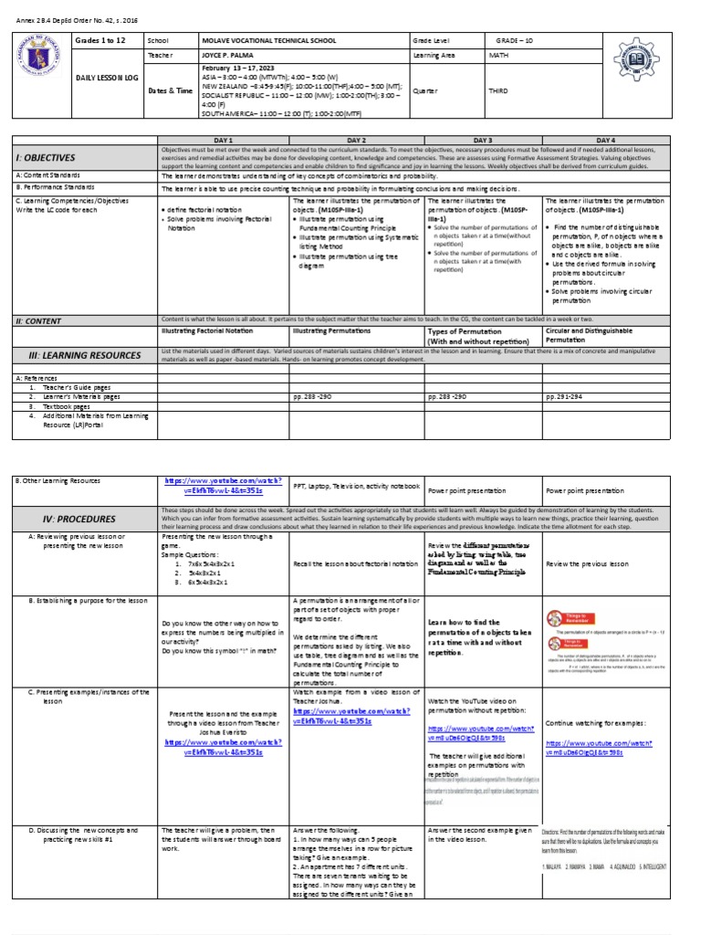 Grade 10 Math Lesson Plan | PDF | Permutation | Learning