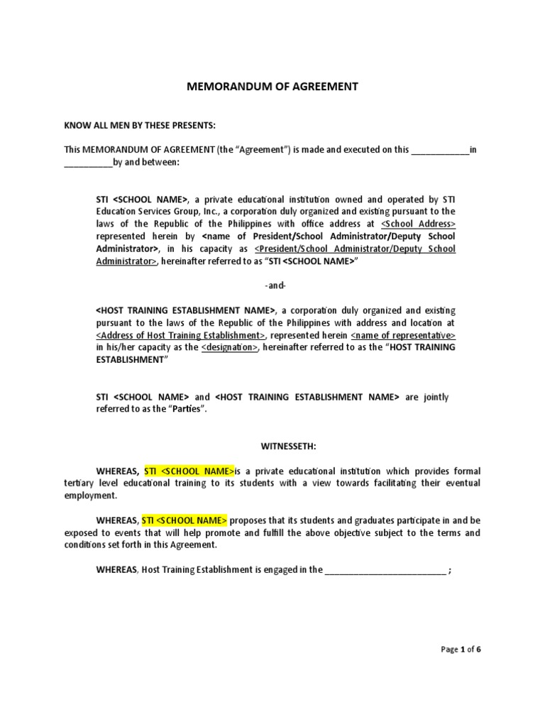 FT-CRD-128-00 Memorandum of Agreement (MOA) Template bet. STI and Host ...
