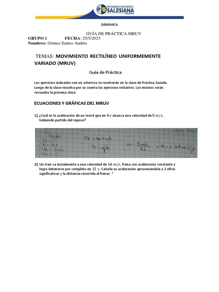 Guía Práctica MRUV: Ejercicios y Gráficas | PDF | Aceleración | Velocidad