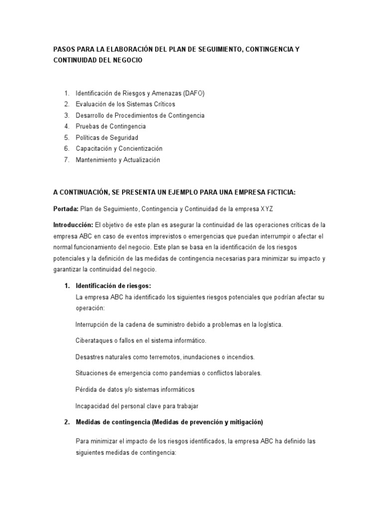 Pasos para La Elaboración Del Plan de Seguimiento Contingencia y Continuidad Del Negociodocx ...