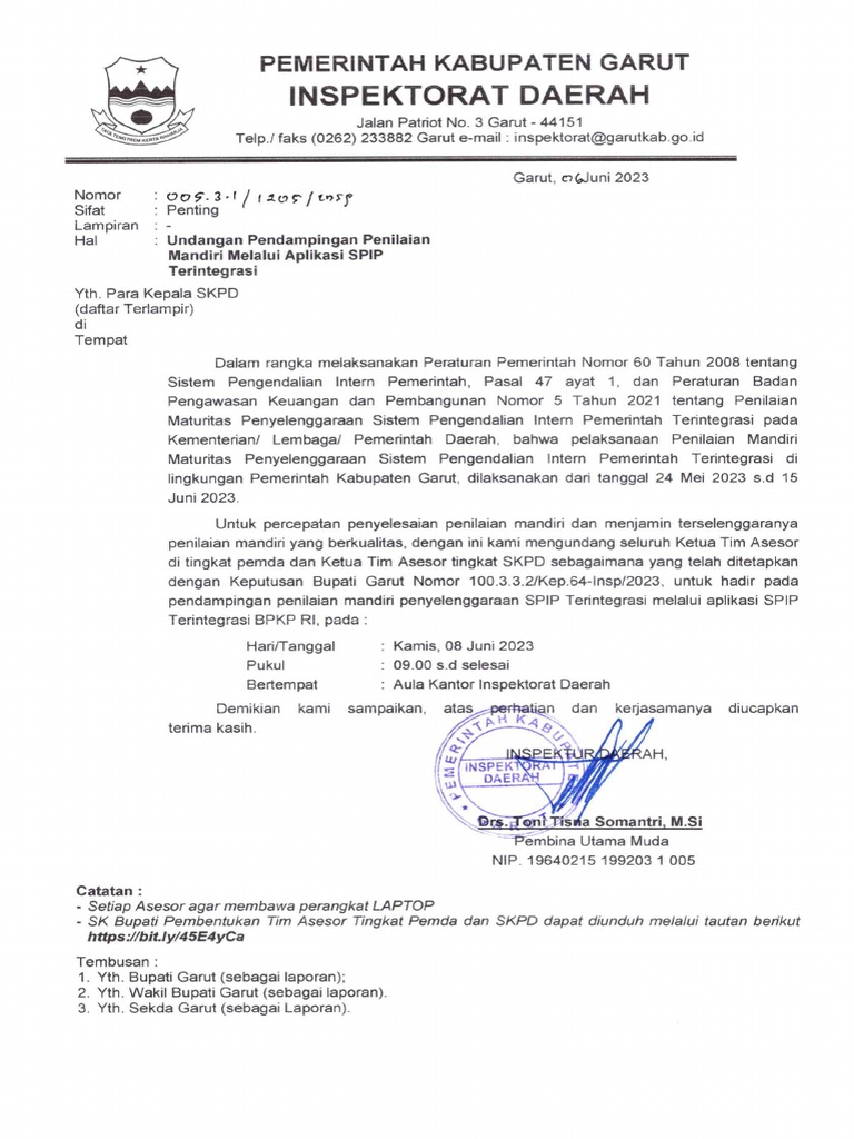 Surat Undangan Pendampingan Penilaian Mandiri SPIP | PDF Surat Undangan Pendampingan Penilaian Mandiri SPIP | PDF