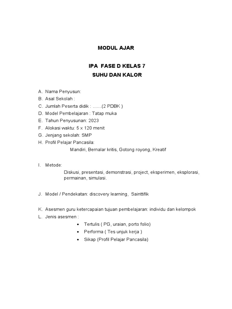MODUL AJAR Ipa 7 Suhu Dan Kalor | PDF