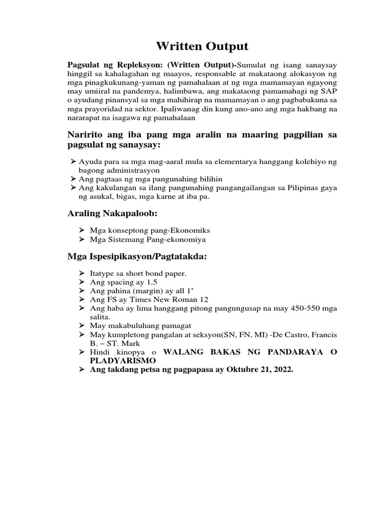 Written Output para Sa Unang Markahan | PDF