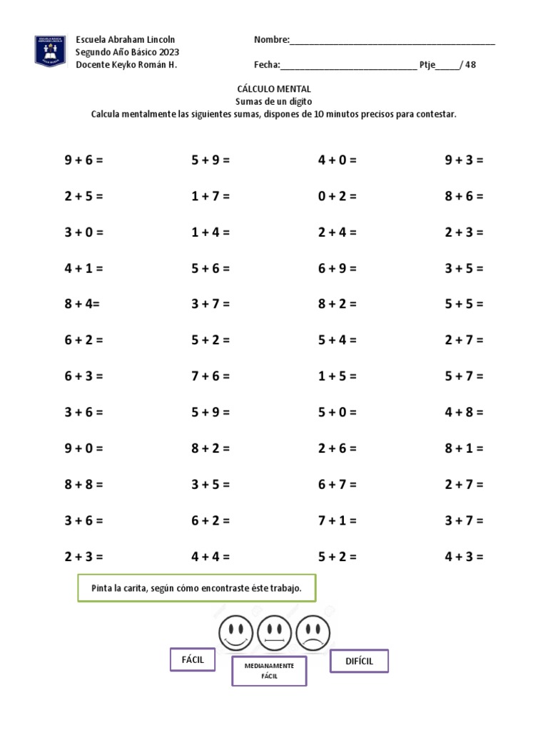 Cálculo mental sumas 1 | PDF
