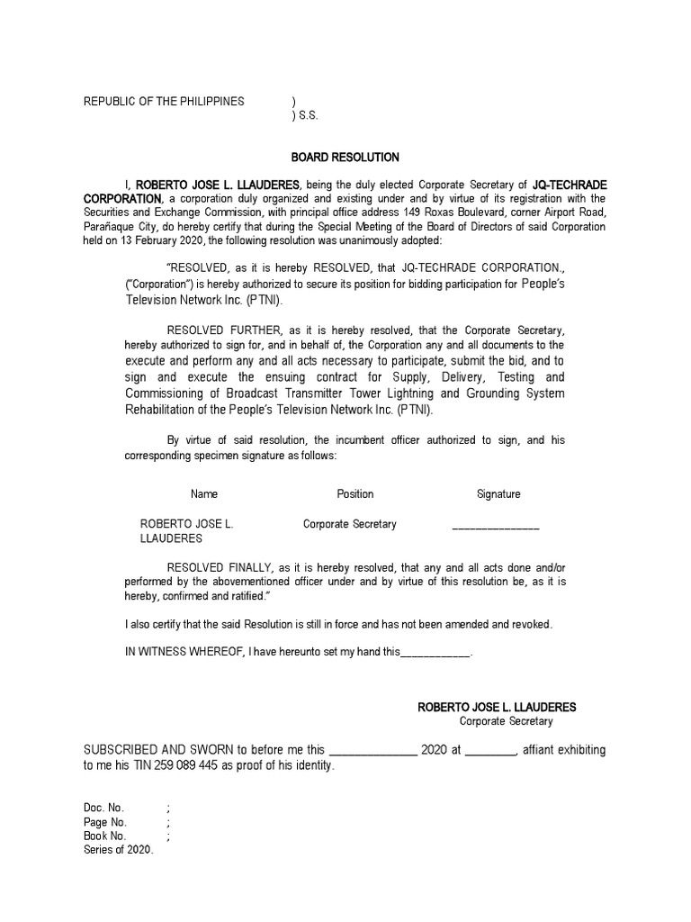 Board Resolution. Attachment of Omnibus | PDF | Government