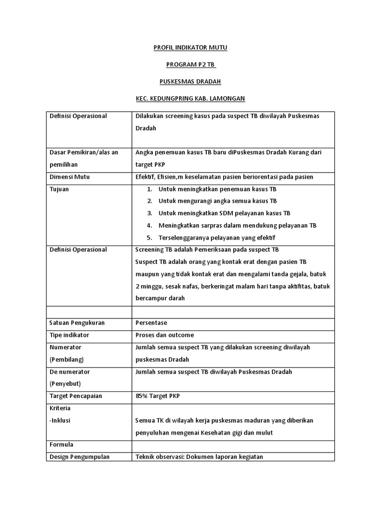 Profil Indikator Mutu Program P2 TB PKM Dradah TH 2023 | PDF