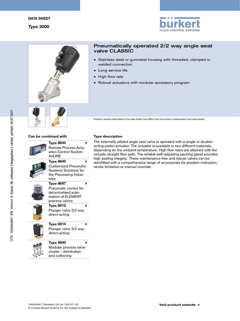 Burkert Type2000, Pneumatic | PDF | Valve | Pipe (Fluid Conveyance)