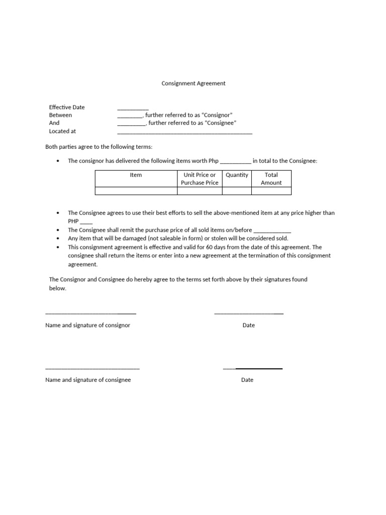 Sample Small Business Consignment Agreement | PDF