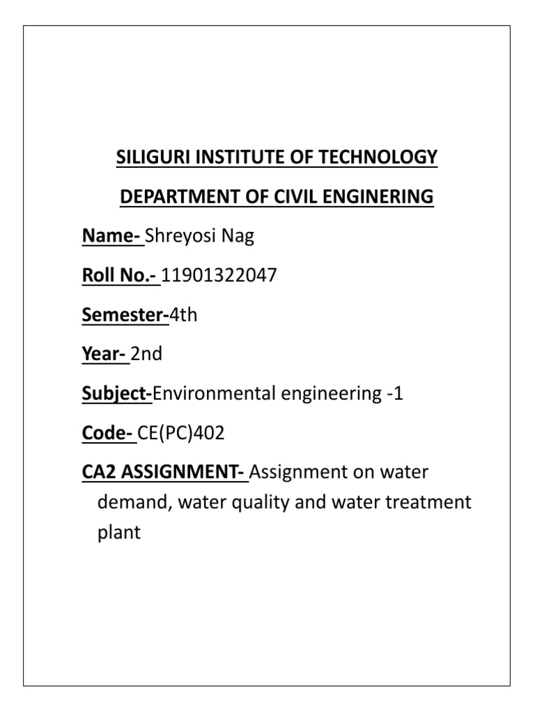 Environmental Eng Assignment CA2 SIT Shreyosi | PDF | Water Purification | Sewage Treatment
