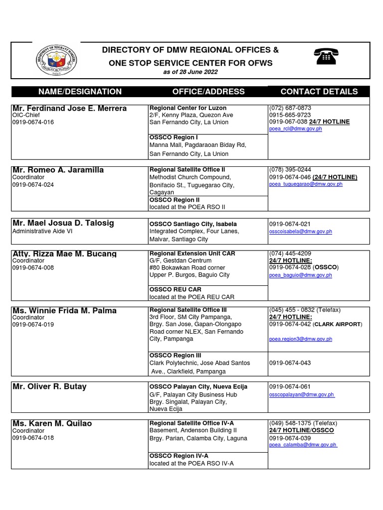 Directory - Regional Offices - OSSCO As of June 2022 | PDF