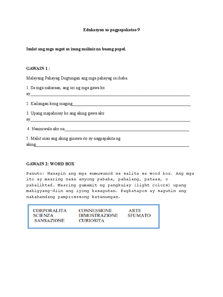 Edukasyon sa pagpapakatao 9 activity | PDF