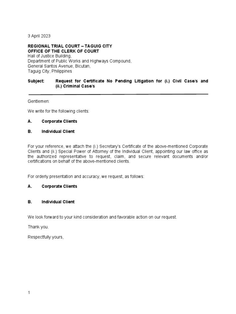 Request Letter Certificate of No Pending Litigation Taguig City | PDF