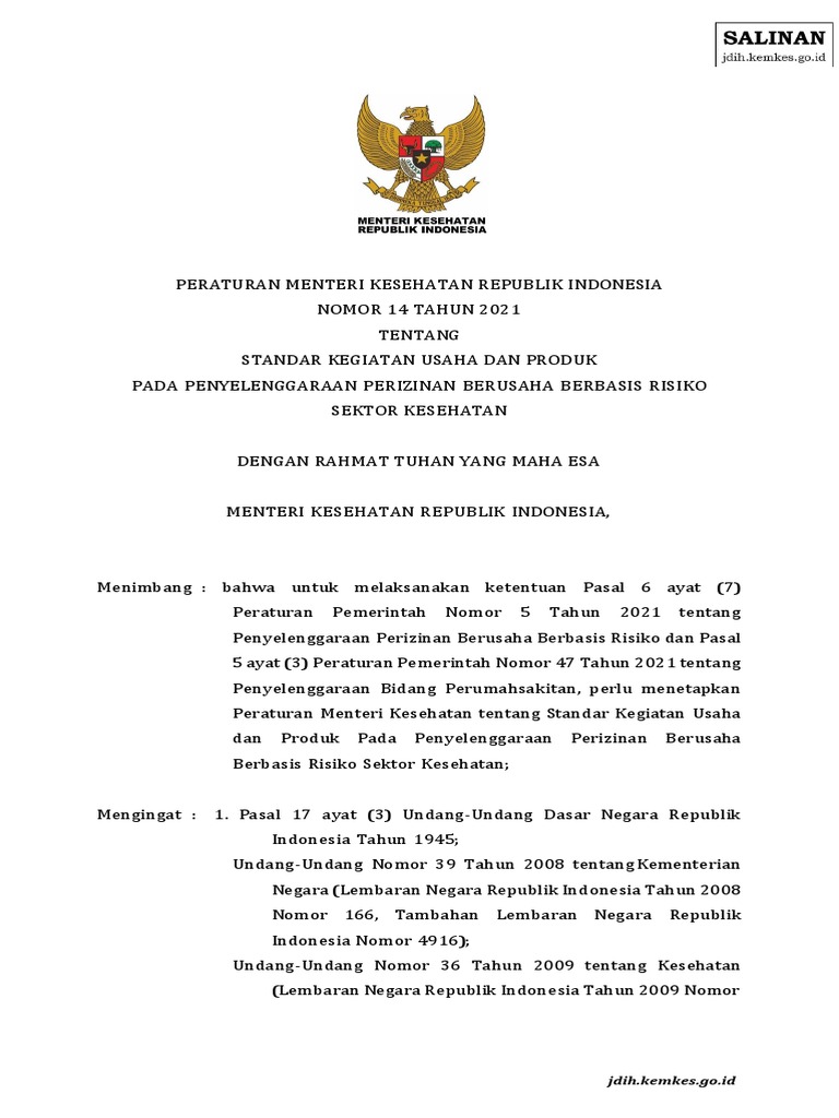 PMK Nomor 14 Tahun 2021 (Standar Laboratorium Medis) | PDF
