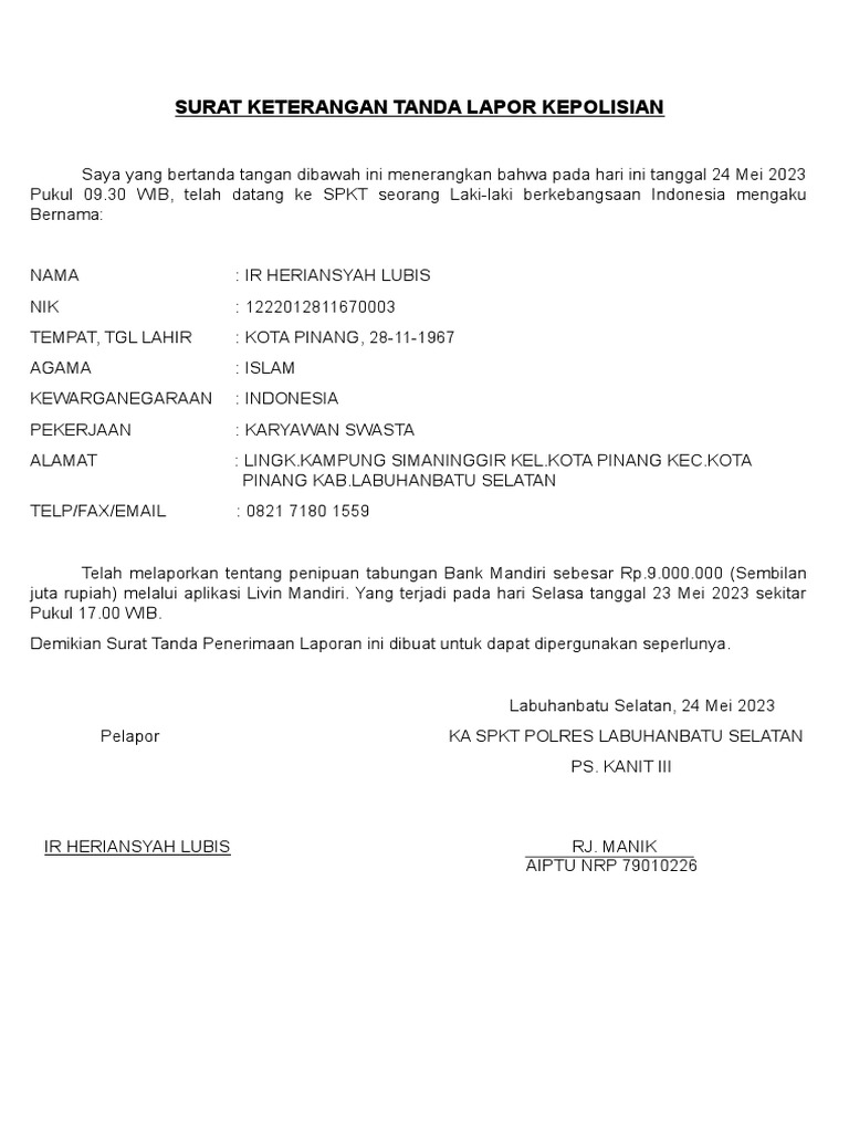 Surat Keterangan Tanda Lapor Kepolisian | PDF