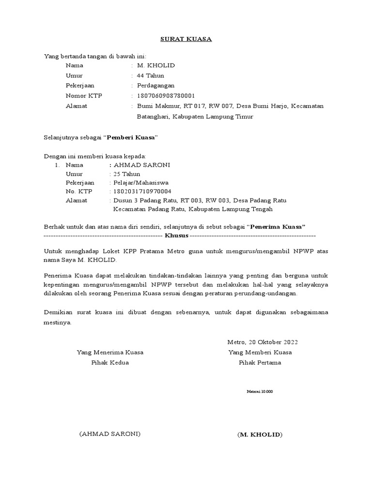 SURAT KUASA Menghadap KPP Pratama Metro | PDF