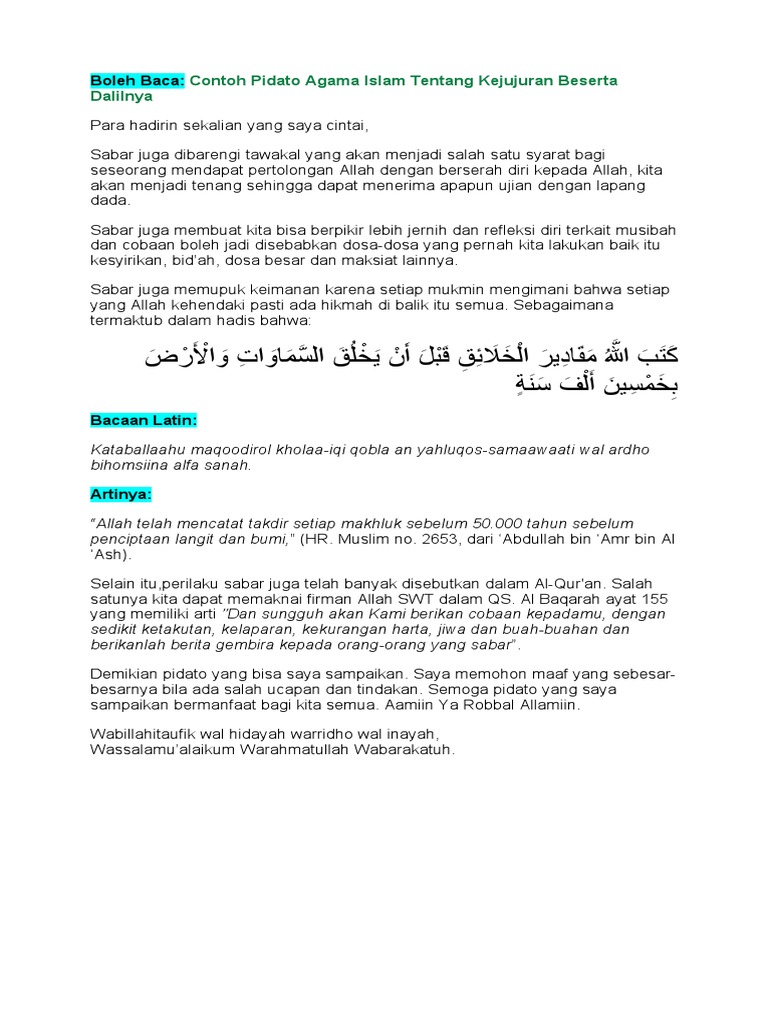 Contoh Pidato Agama Islam Beserta Dalilnya | PDF