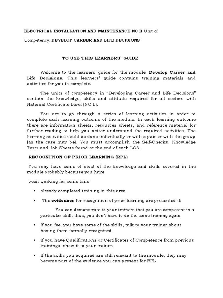 Basic 4. CBLM Develop Career and Life Decisions | PDF | Swot Analysis | Goal