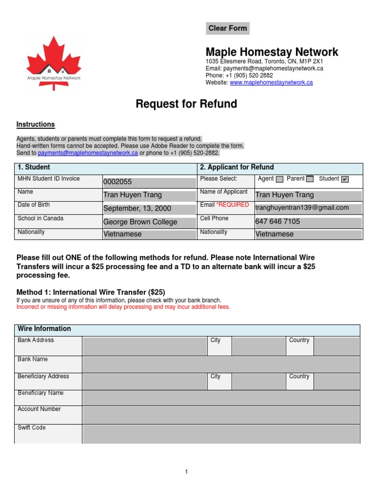 Refund Request Form | PDF | Wire Transfer | Service Industries