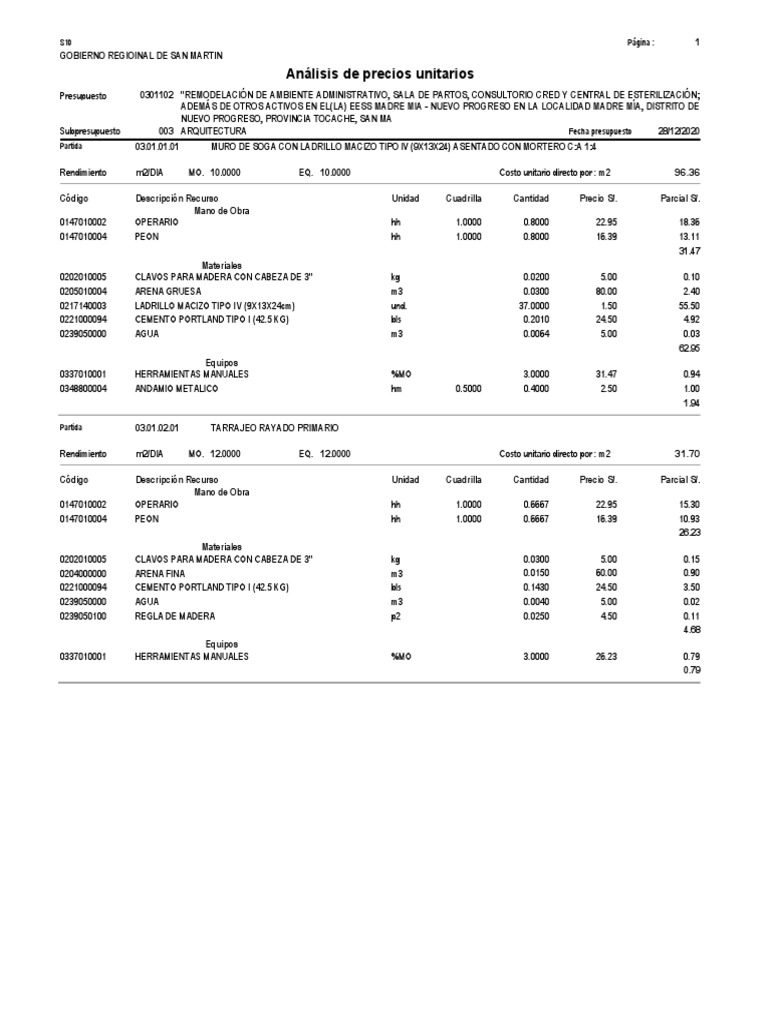 Análisis de Precios Unitarios ARQUITECTURA | PDF | Materiales ...
