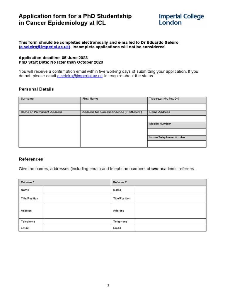 PhD Studentship Application: Cancer Epidemiology | PDF | Doctor Of ...