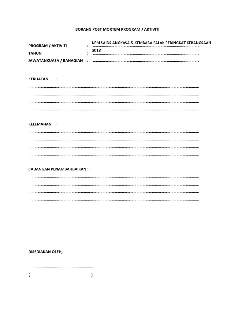 Borang Post Mortem Program | PDF