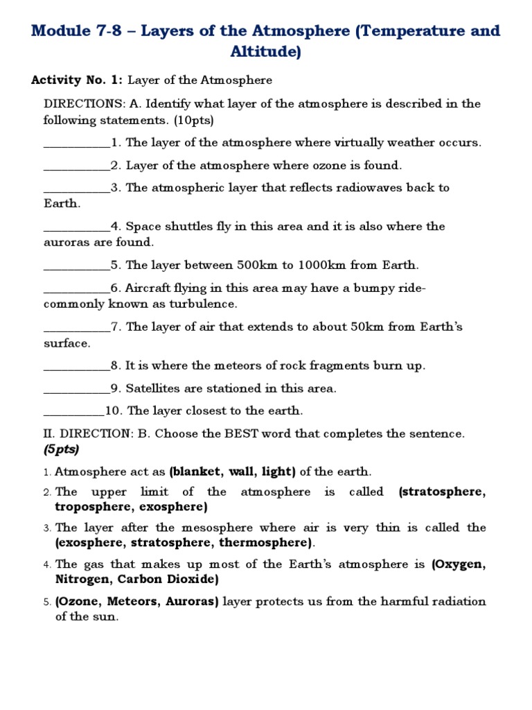 Atmosphere Layers: Quiz & Activities | PDF | Atmosphere Of Earth ...
