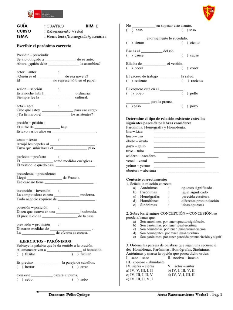 RV CUATRO Homofonos, Parónimos, Homografos 2023 | PDF | Artes del ...