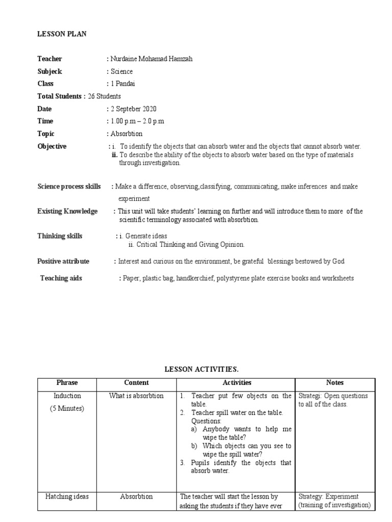 Lesson Plan (Absorbtion) | PDF | Lesson Plan | Teachers