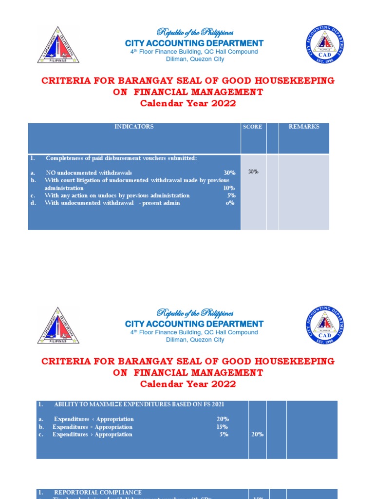 Barangay Seal Criteria for Financial Management | PDF | Finance & Money ...