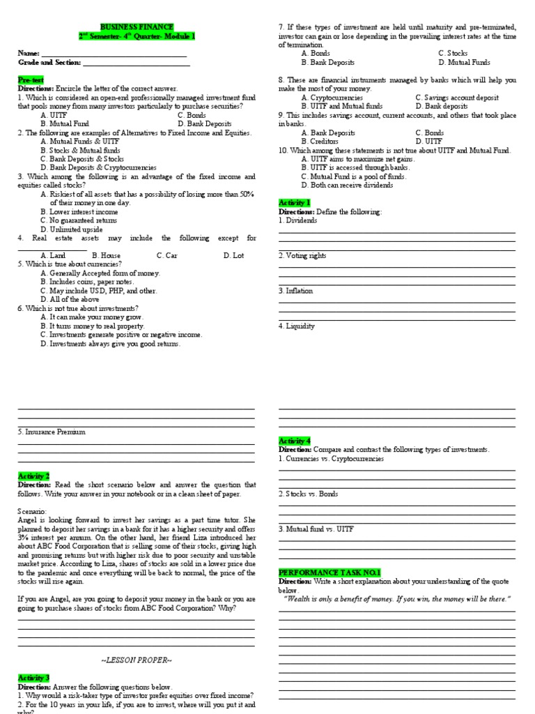 Finance Activity Module1 | PDF | Mutual Funds | Investing